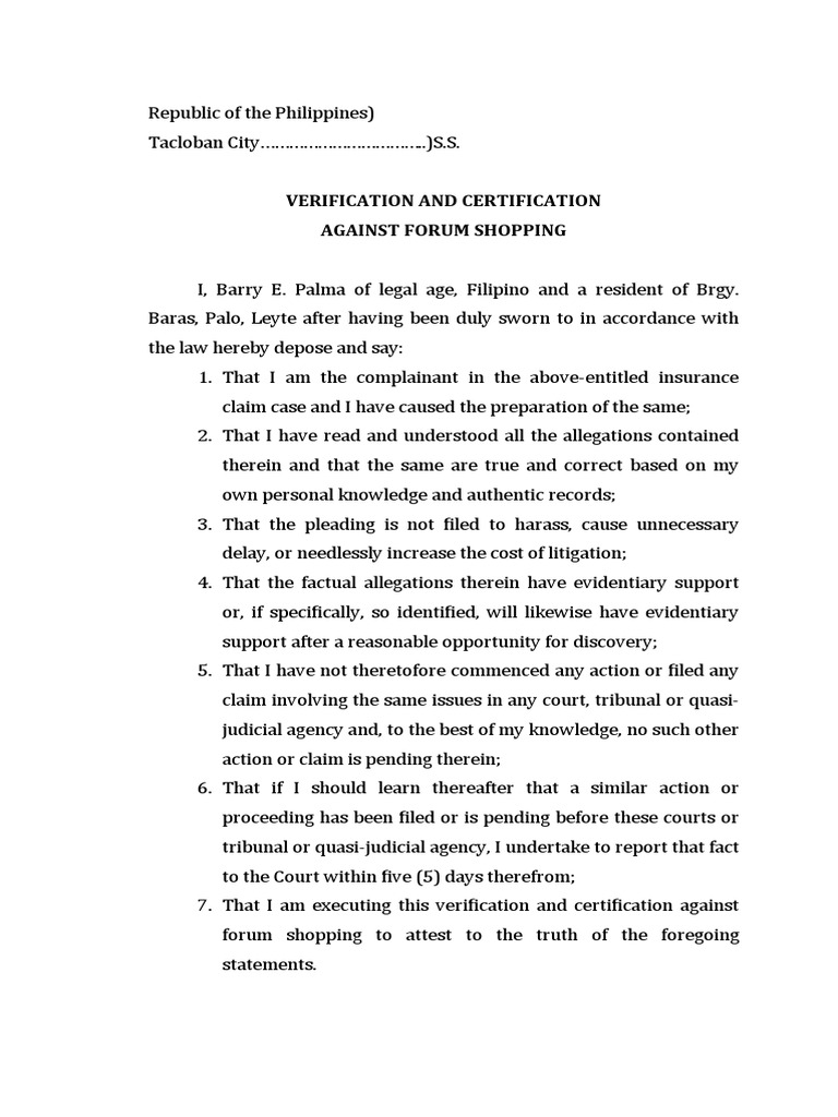 Nunez - Verification and Certification Against Forum Shopping | PDF ...