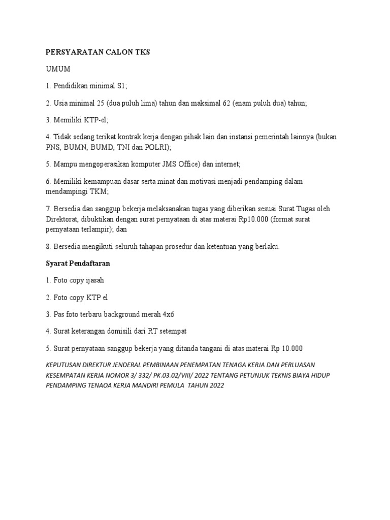 Persyaratan Daftar TKS-1 | PDF