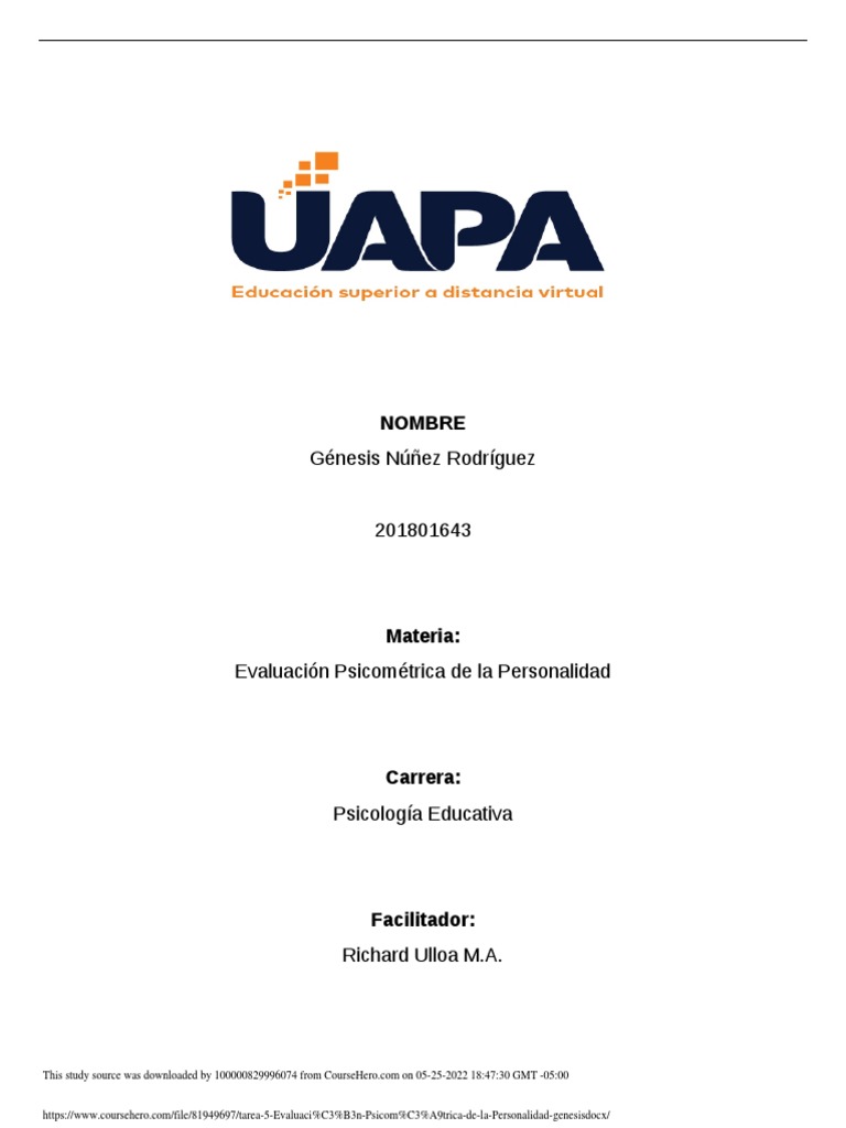 Tarea 5 Evaluaci N Psicom Trica de La Personalidad Genesis | PDF | Sicología | Pensamiento