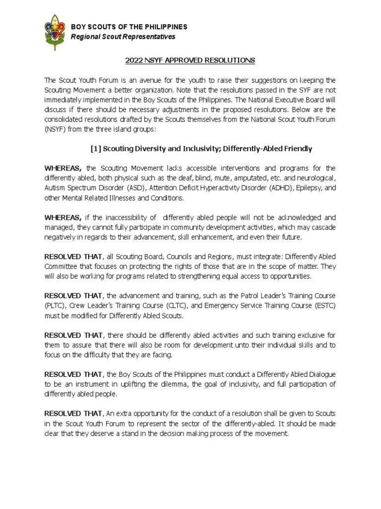 2022 NSYF Approved Resolutions | PDF | Disability | Scouting