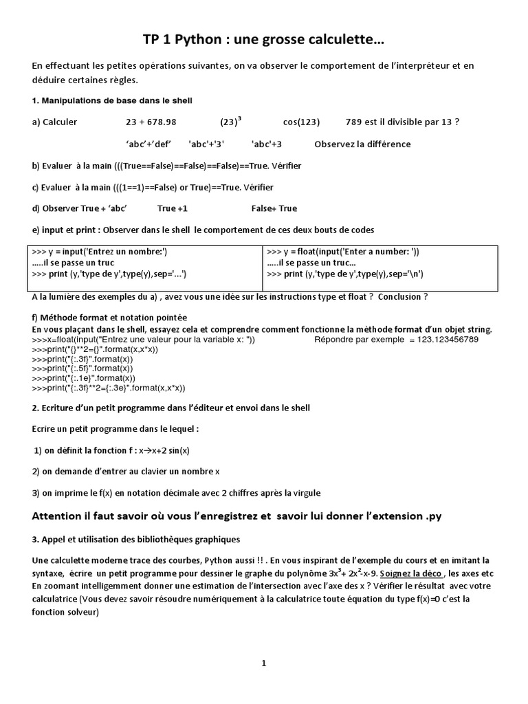 TP 1 Python: Une Grosse Calculette | PDF | Python (Langage de programmation) | Informatique