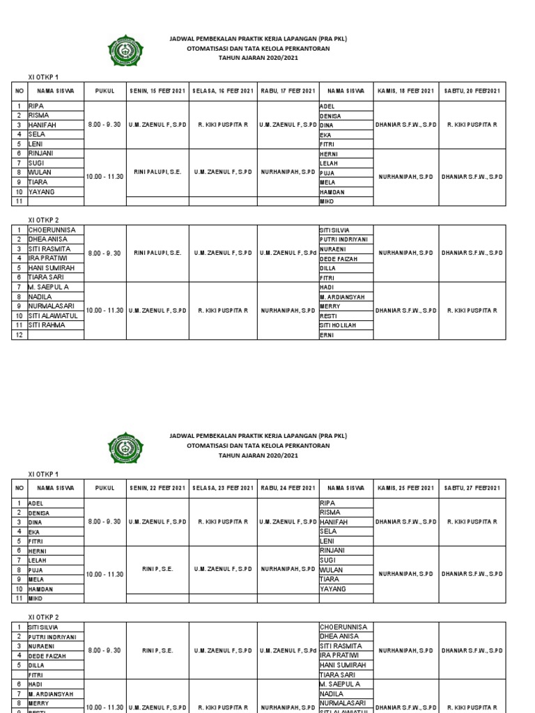 Jadwal Pra PKL | PDF