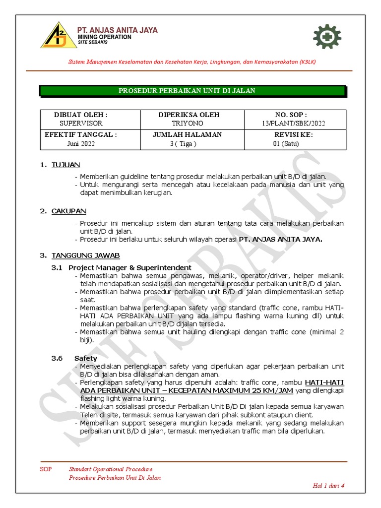 SOP - Prosedur Perbaikan Unit Di Jalan | PDF