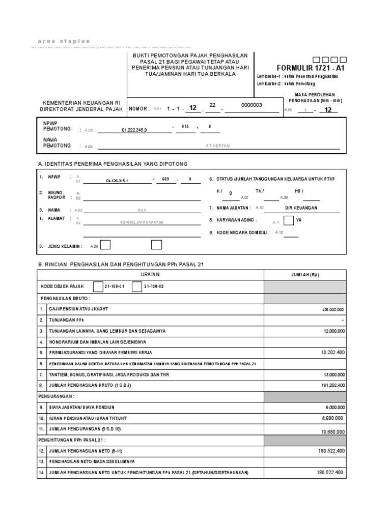 Formulir Excel Bukti Potong PPH 21 Karyawan Baru - XLSX - 1721-A1 No.2 ...