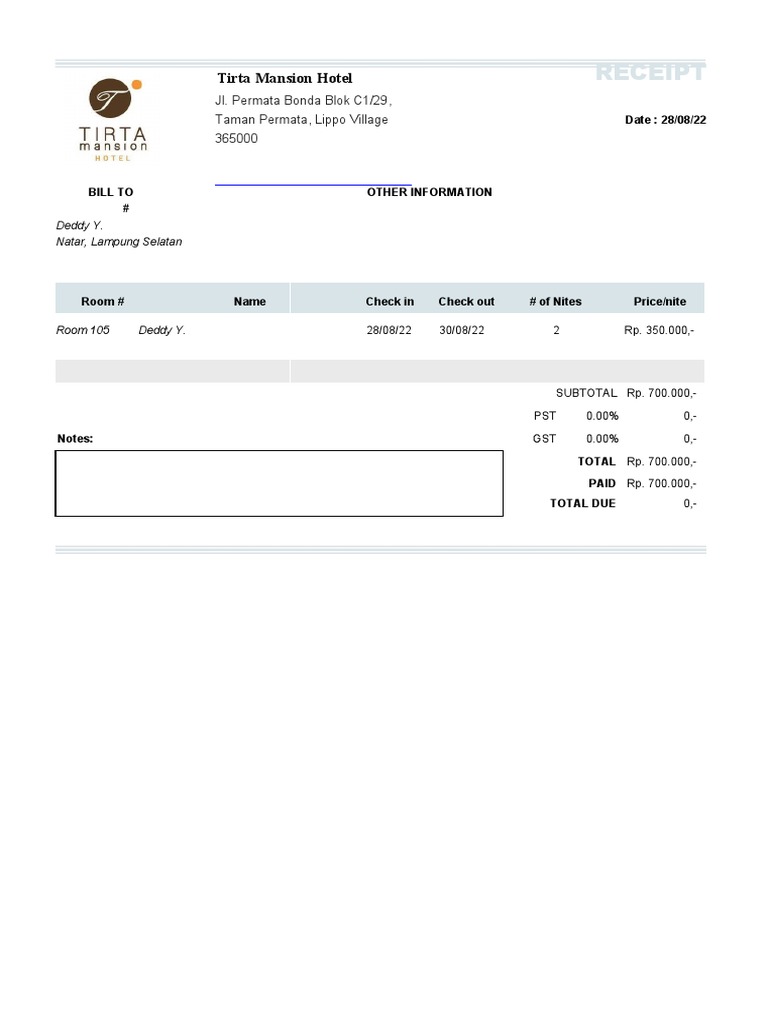 1 Contoh Bill Hotel Secara Umum | PDF