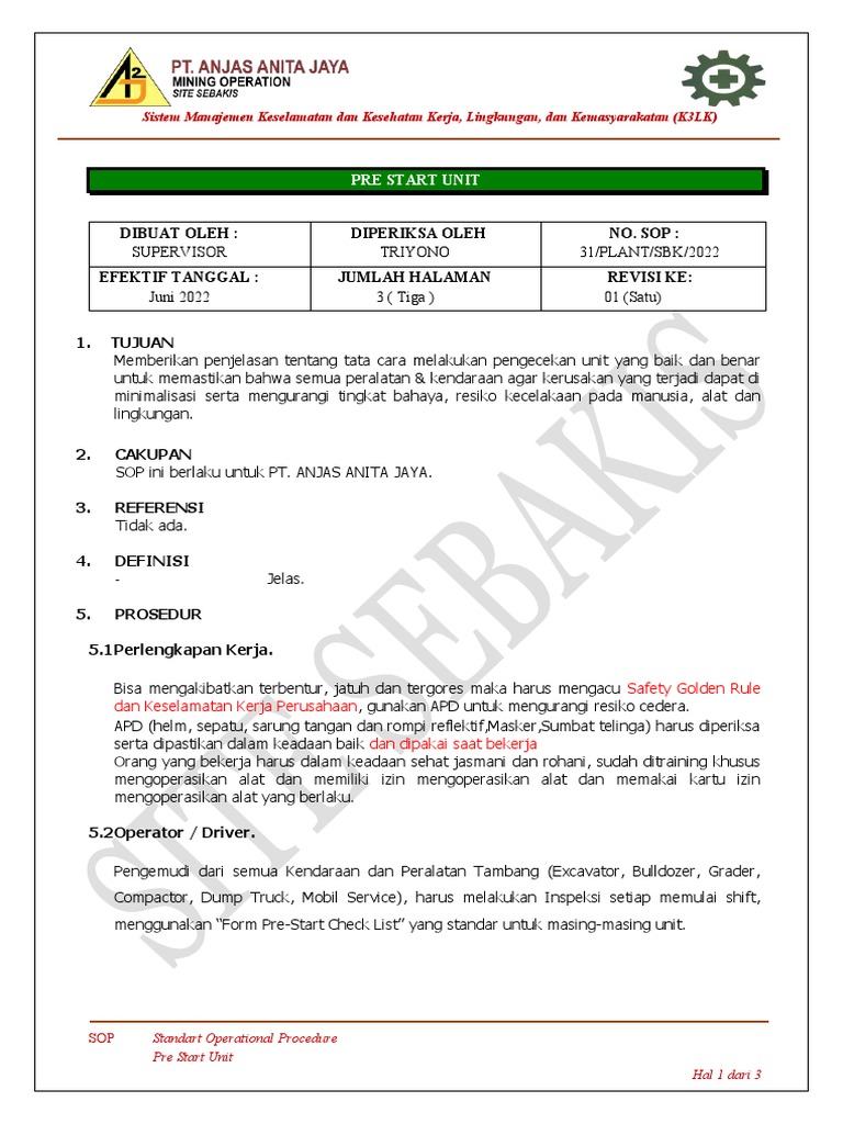 SOP - Pre Start Unit | PDF