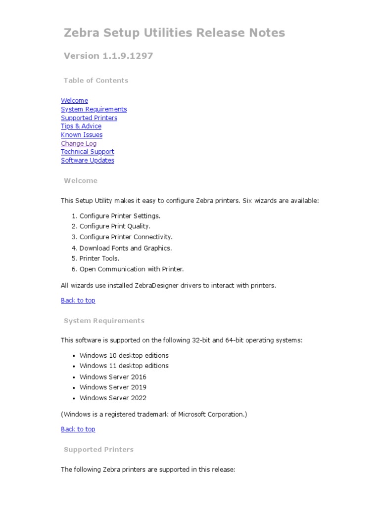 Zebra Setup Utilities Release Notes v1191297 | PDF | Microsoft Windows ...
