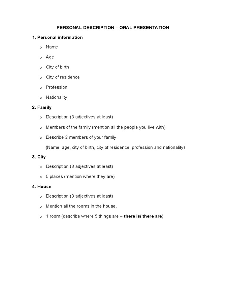 Unit 1 - Personal Description Guidelines - Oral Presentation | PDF