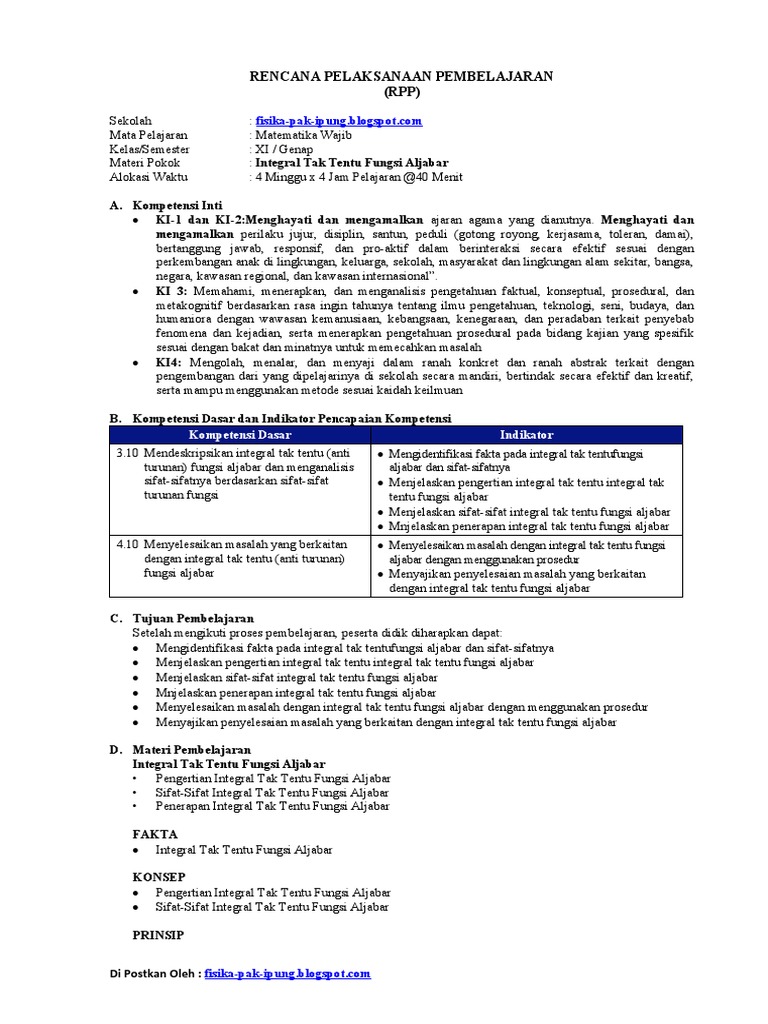 RPP Matematika XI: Integral Tak Tentu | PDF | Karier & Perkembangan