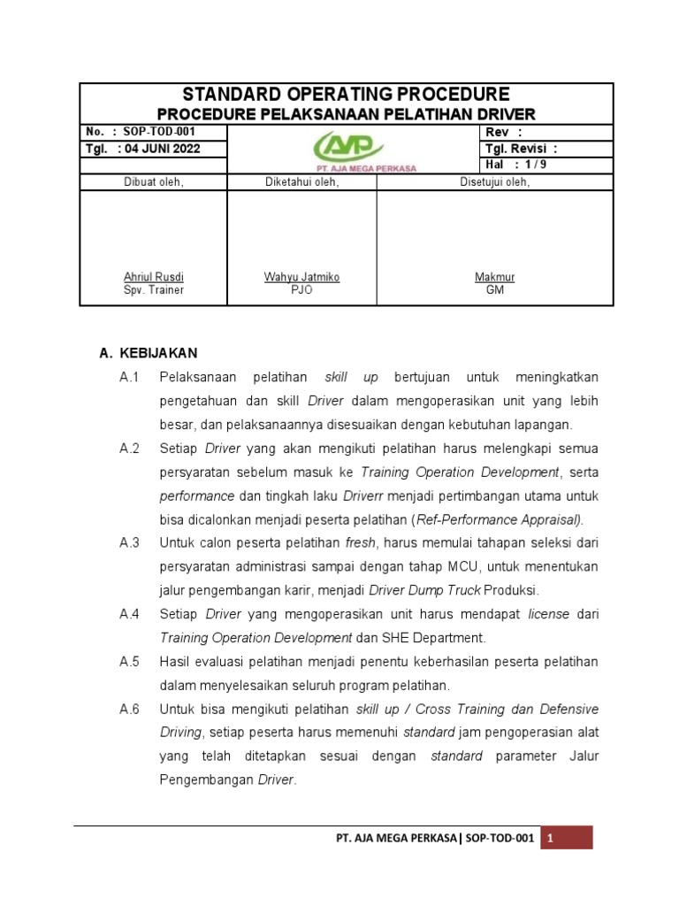 KPB-SOP-Pelaksanaan Pelatihan Driver | PDF
