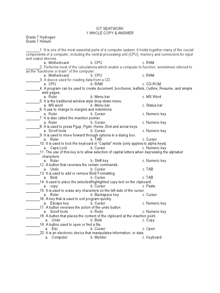 Ict Seatwork | PDF | Cursor (User Interface) | Computer Keyboard