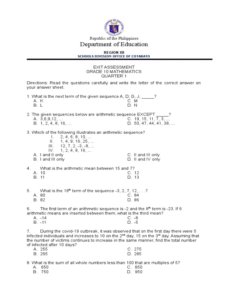 Math Grade 10 Test Q | PDF | Factorization | Numbers