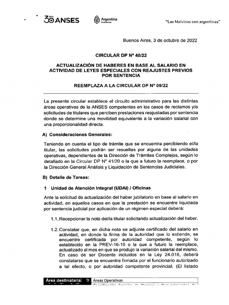 Circular Dp 40 22 Actualizacion De Haberes En Base Al Salario En