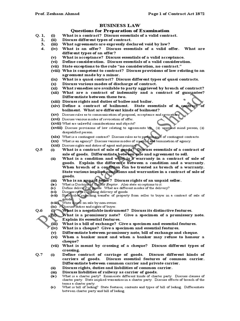 Business Law Questions For Preparation of Examination | PDF | Offer And ...