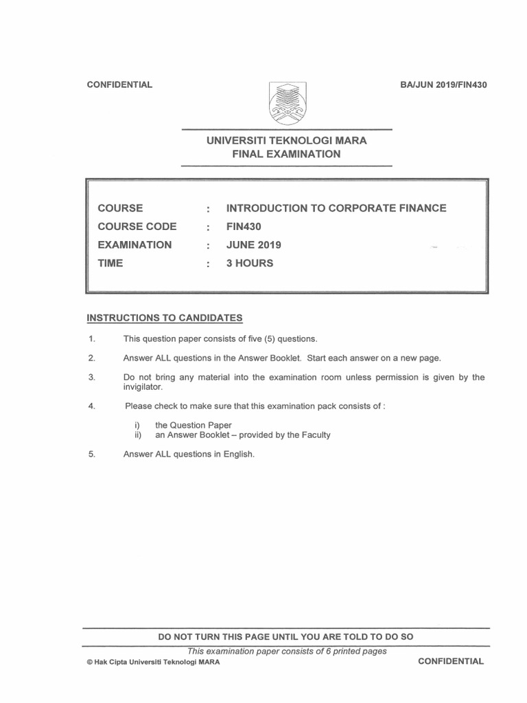 Faculty Business Management 2019 Session 2 - Degree Fin430 | PDF