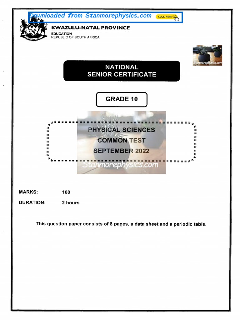 Physical Science Grade 10 SEPT 2022 QP and Memo | PDF