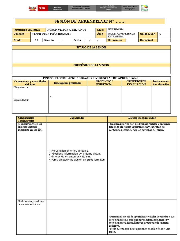 Sesión de Aprendizaje-INGLES-1º | PDF | Aprendizaje | Evaluación
