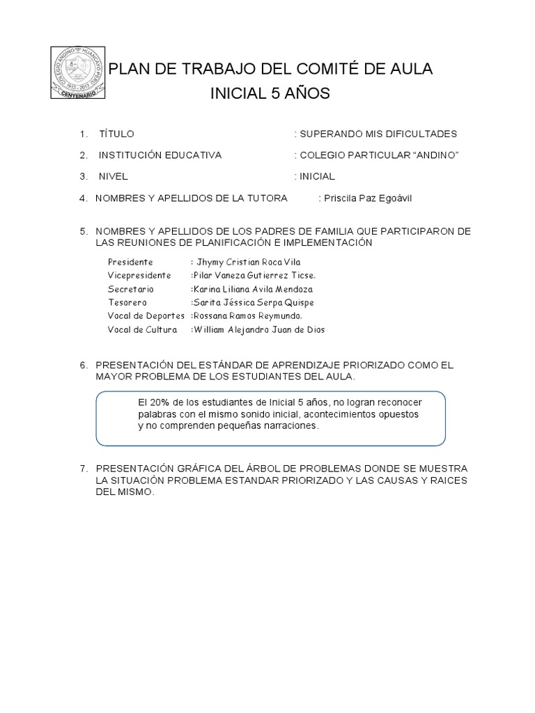 Plan de Trabajo Del Comité de Aula Inicial 5 Años | PDF | Aprendizaje ...