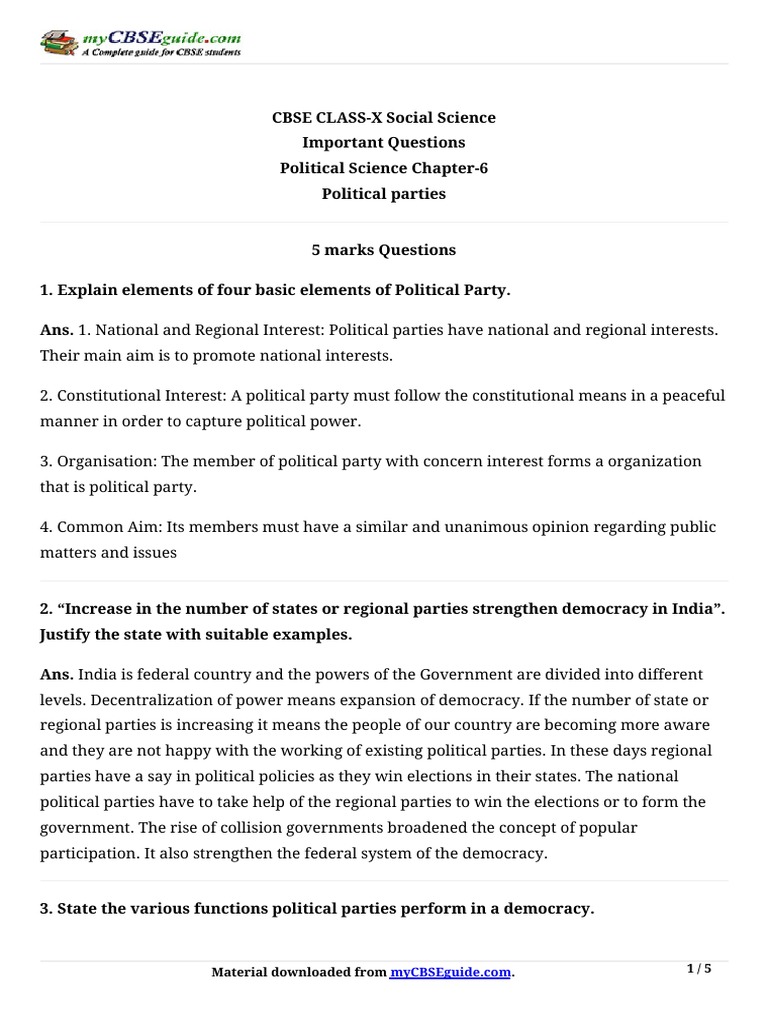 Important Questions on Political Parties | PDF | Political Parties ...