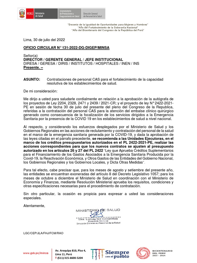 Oficio Circular #131-2022-Dg-Digep-Minsa | PDF | Gobierno