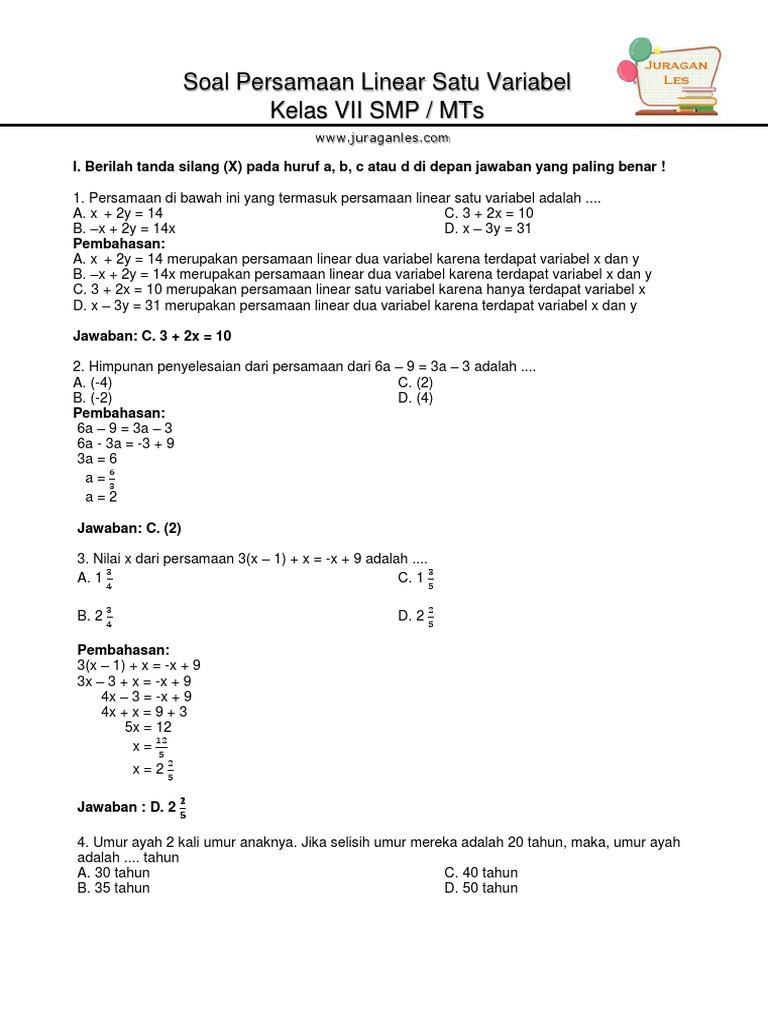 Soal Persamaan Linear Satu Variabel | PDF