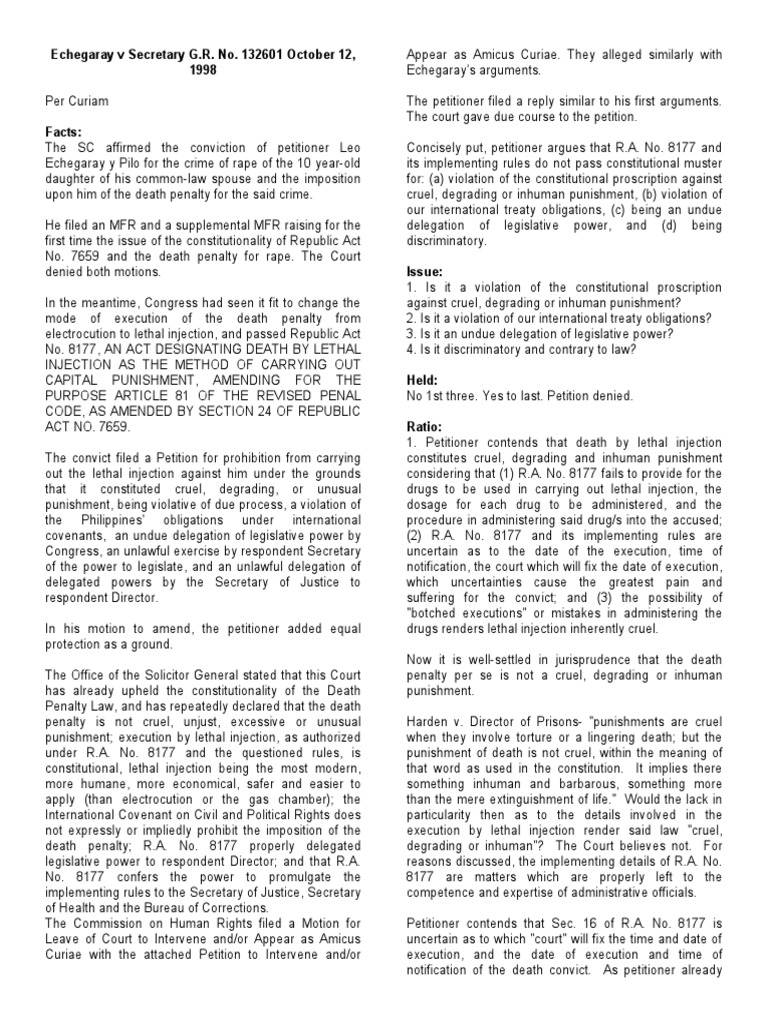 Assignment Part VIII Consti Case Digest | PDF | Capital Punishment | Lethal Injection
