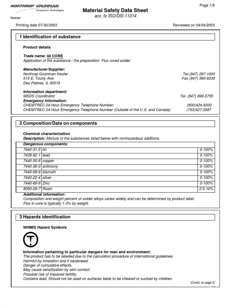 Kester 44 Msds | PDF | Toxicity | Carbon Dioxide