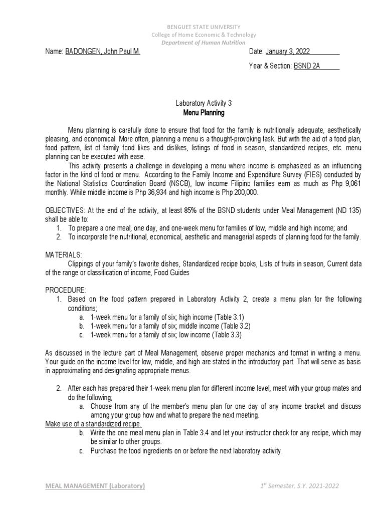 Laboratory Activity 3 | PDF | Salad | Lunch