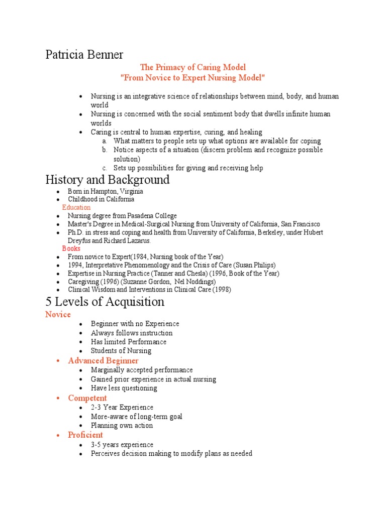 The Primacy of Caring: Patricia Benner's Model of Nursing Expertise ... The Primacy of Caring: Patricia Benner's Model of Nursing Expertise ...