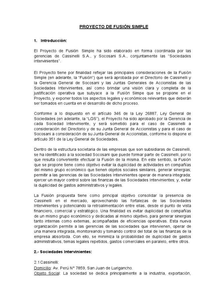 Proyecto de Fusion Simple | PDF | Sociedad de responsabilidad limitada | Economias