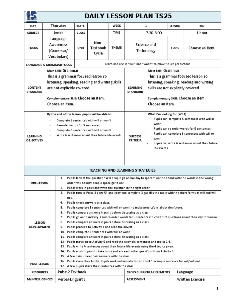 Form 1 Lesson 102 Language Awareness | PDF | Grammar | Lesson Plan
