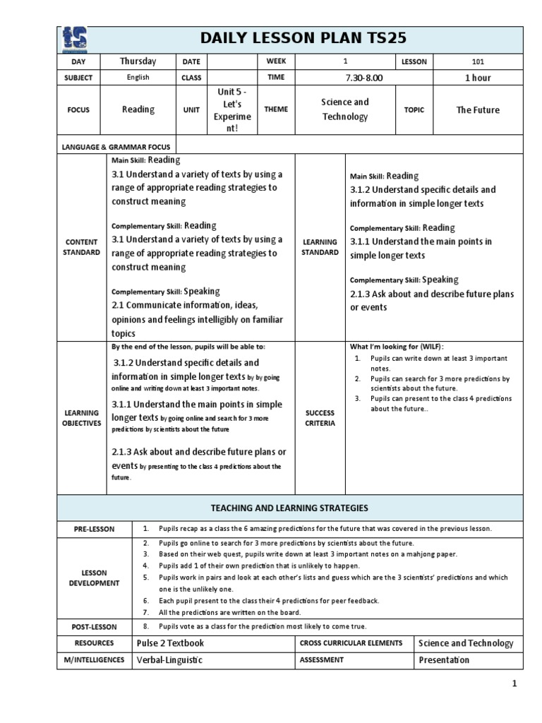 Form 1 Lesson 101 Reading | PDF | Lesson Plan | Education Theory
