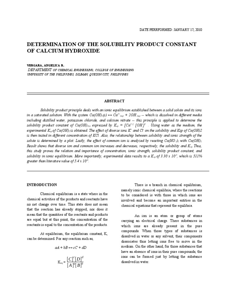 Determination of The Solubility Product Constant of Calcium Hydroxide ...