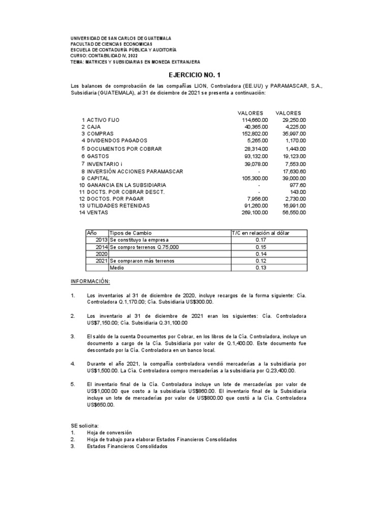 Solución Ejercicio 1 Matrices y Subsidiarias | PDF | Compartir ...