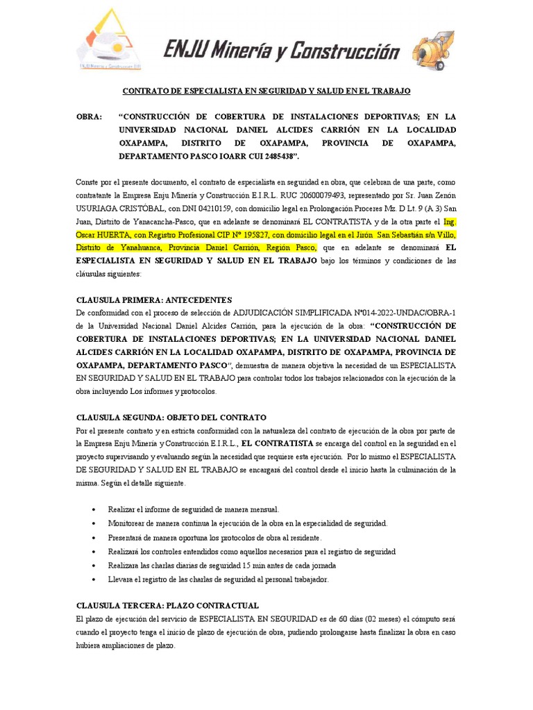 Contrato de Especialista Seguridad | PDF
