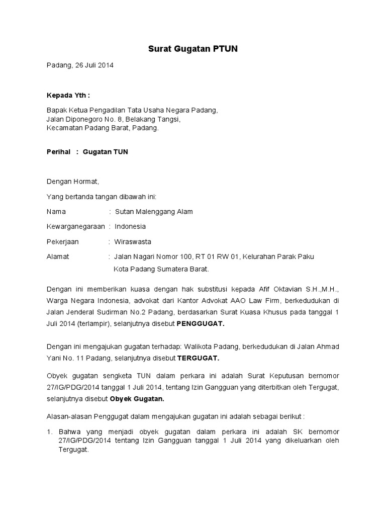Surat Gugatan PTUN | PDF | Hukum