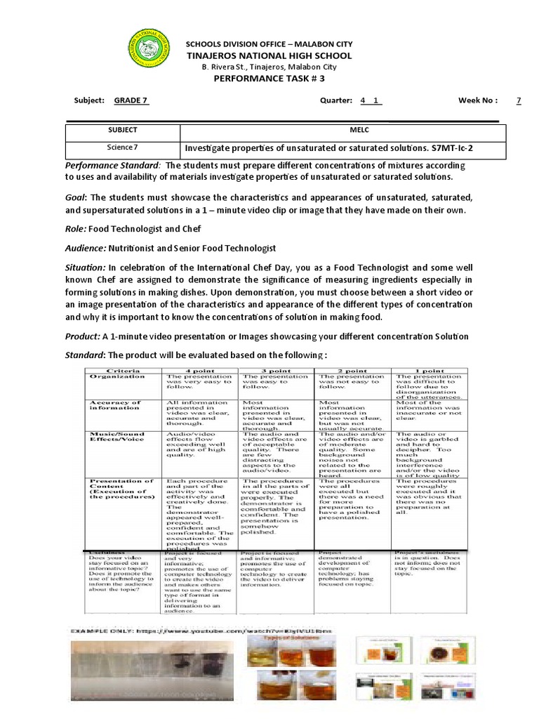Grade 7 Science: Solution Properties Task | PDF