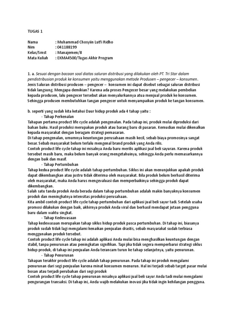Tugas 1 Tap - Muhammad Chosyiin Lutfi Ridho - 041188199 - Manajemen 8 | PDF