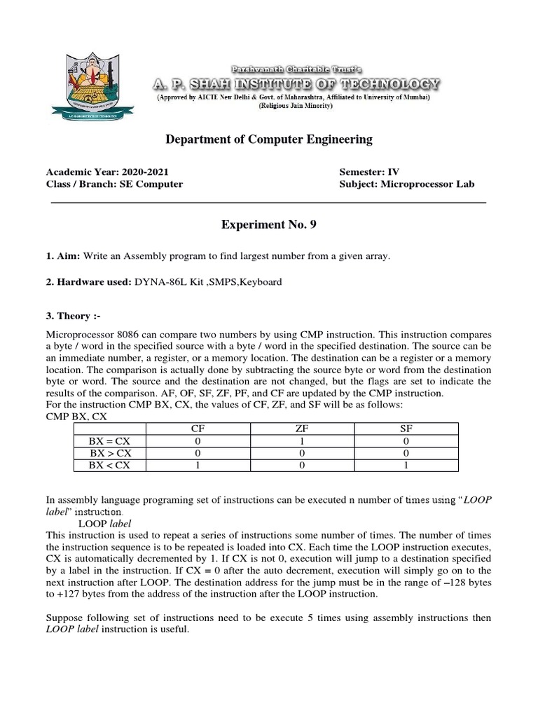 MP Exp9 - Largestarray Lab Manual | PDF | Control Flow | Computer Hardware