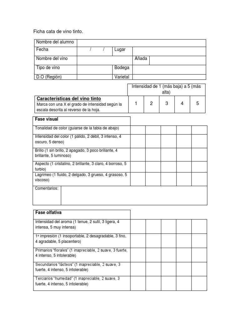 Ficha Cata Detallada de Vino Tinto | PDF | Vino | Panes