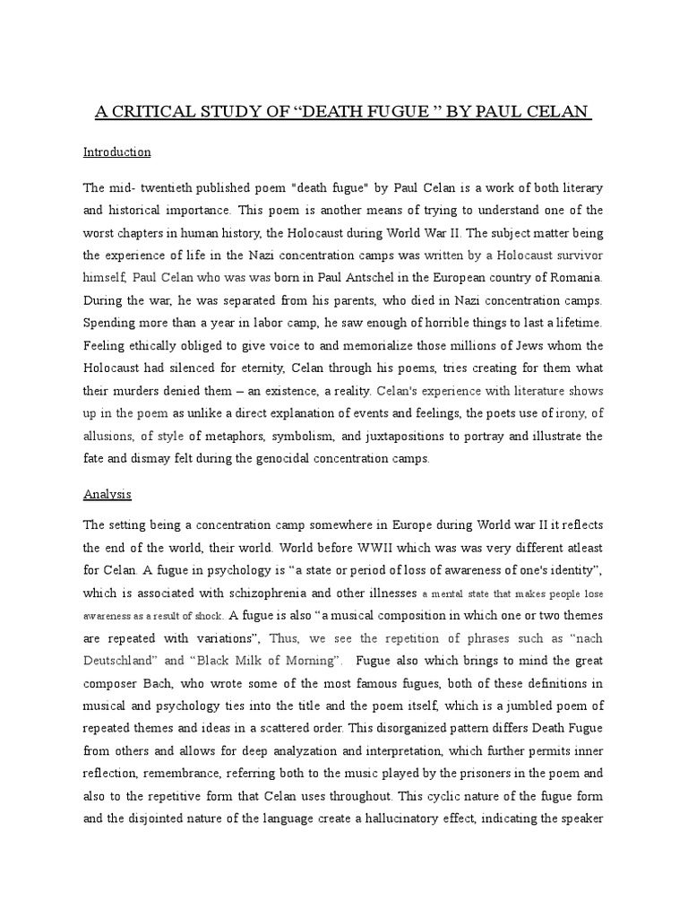 Critical Study of Death Fugue by Paul Celan | Download Free PDF | Poetry