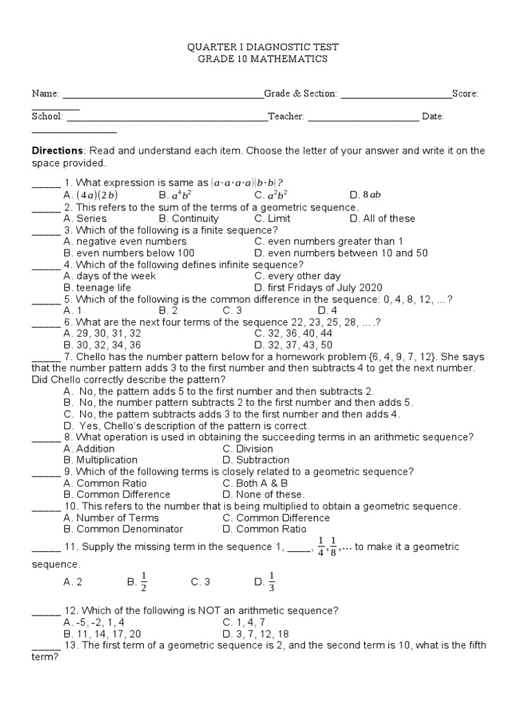 Grade 10 Mathematics Diagnostic Test | PDF | Polynomial | Numbers