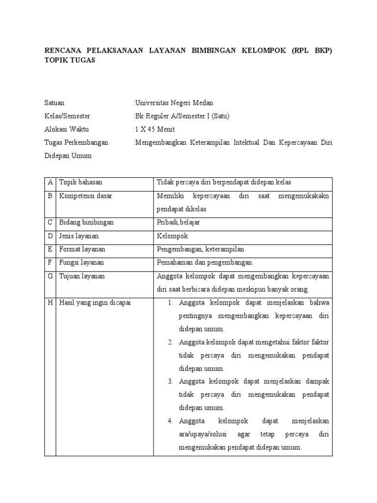Rencana Pelaksanaan Layanan Bimbingan Kelompok (RPL BKP) Topik Tugas | PDF