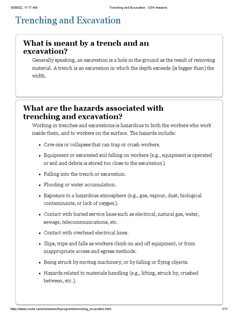 Trenching and Excavation - OSH Answers | PDF | Trench | Hazards