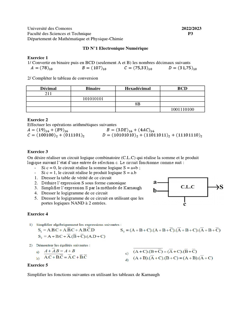 Exercices d'Électronique Numérique 2022-2023 | PDF | Décimal codé ...