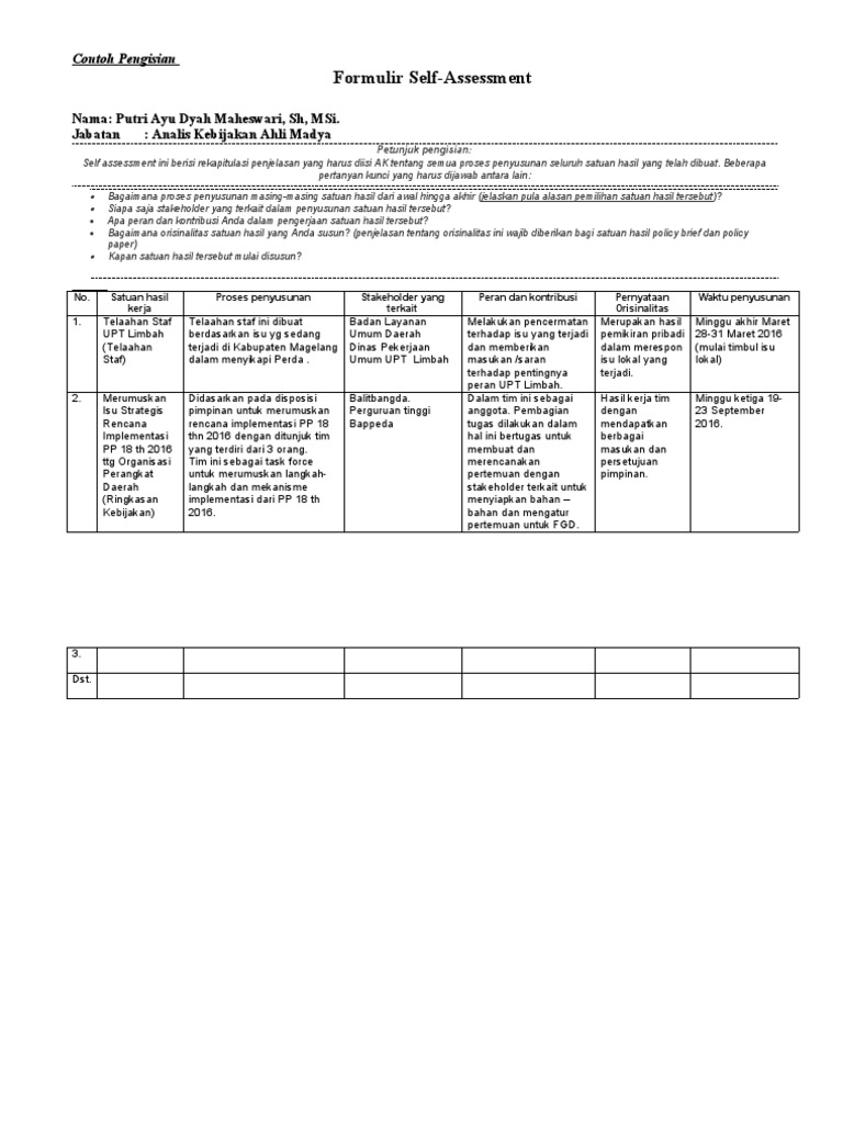 Contoh Pengisian Formulir Self-Assessment | PDF