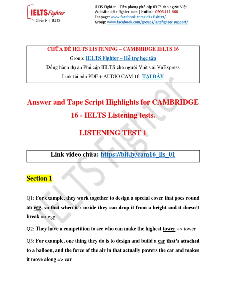 Giải đề IELTS Listening - Cambridge IELTS 16 - IELTS Fighter | PDF ...