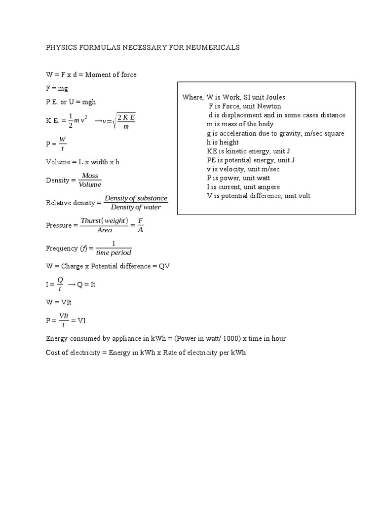 Essential Physics Formulas for Class VIII | PDF