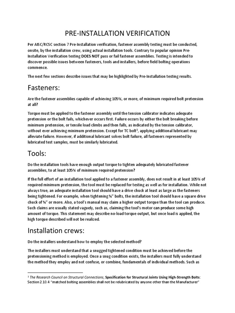 Pre Installation Verification | PDF | Screw | Manufactured Goods
