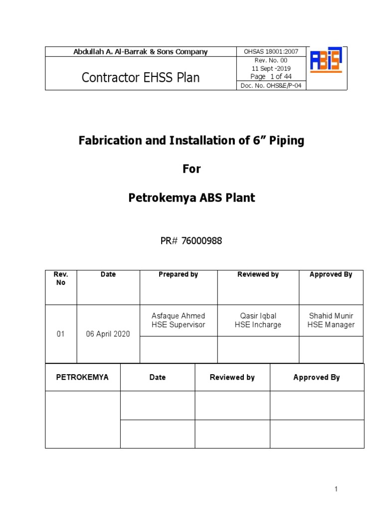 EHSS PLAN - Petrokemya - ABS Plant | PDF | Occupational Safety And ...